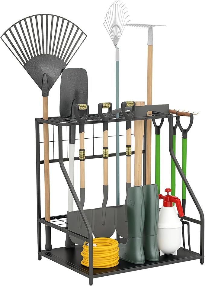 Outsunny Garden Tool Storage Rack, 3-Tier Garden Tool Rack with 11 ...