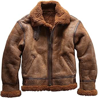 Men's Brown Genuine Leather Biker Jacket with Thick Faux Fur Collar and ...