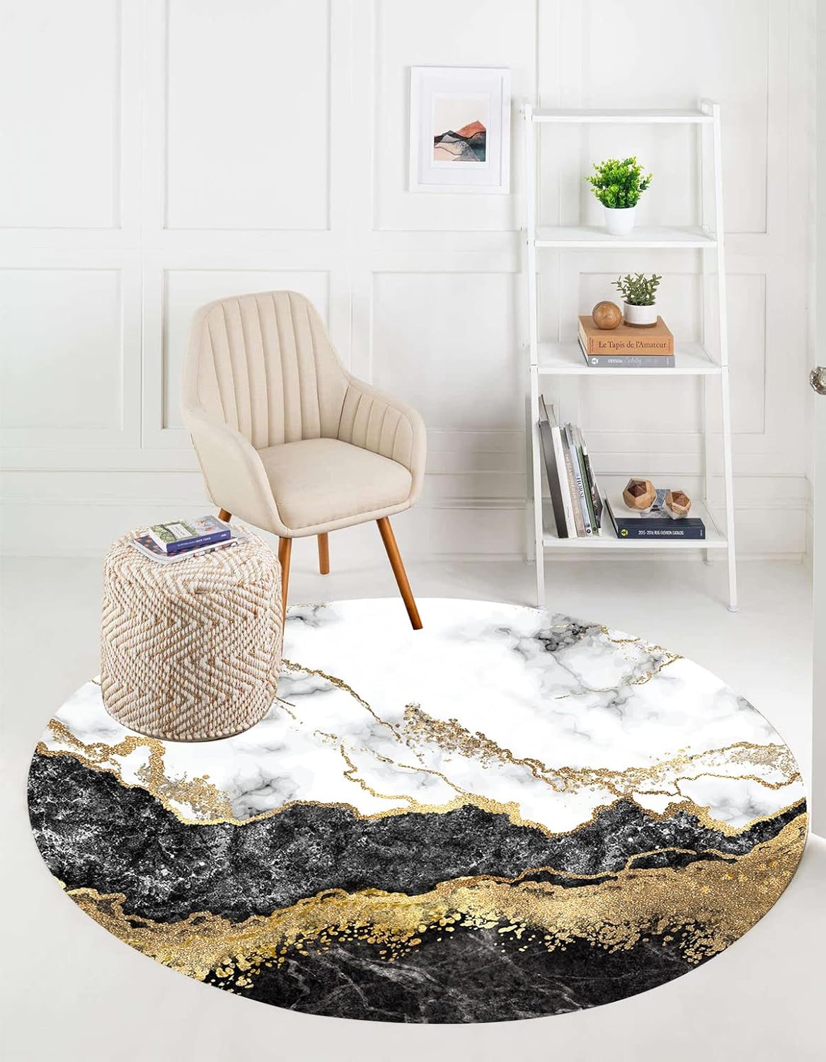 Amazon.com: Black White Gold Marble Abstract Modern Round Area Rug for ...