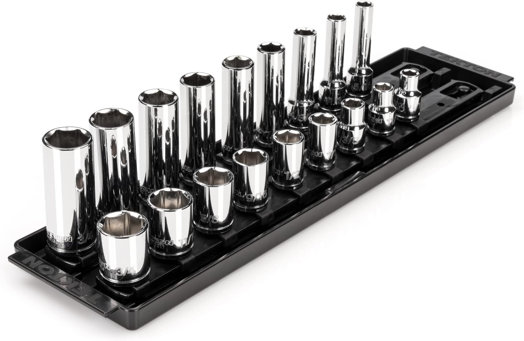 TEKTON 3/8 Inch Drive 6-Point Socket Set with Rails, 18-Piece (5/16-3/4 ...