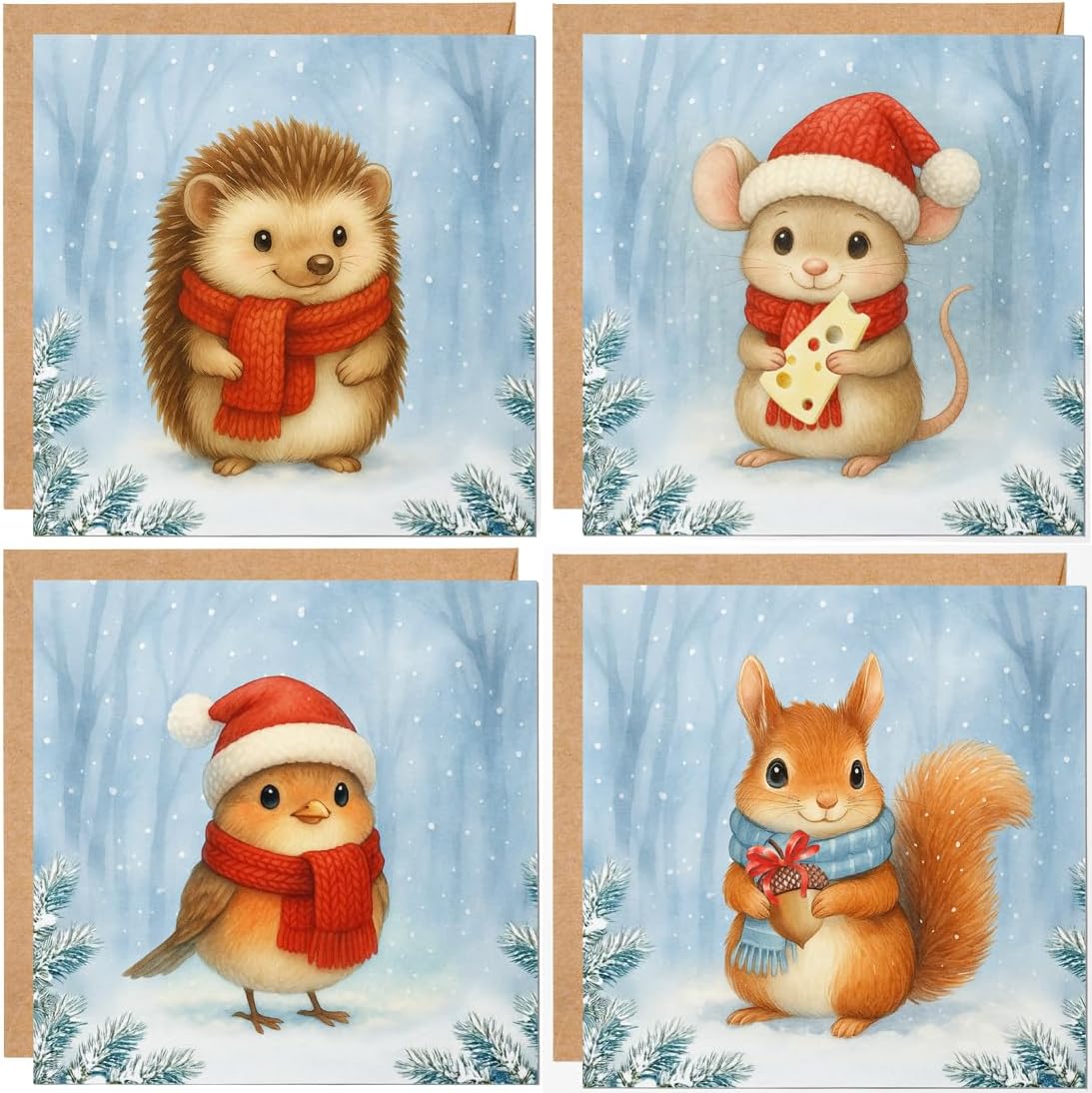 Woodland Animals Christmas Cards Pack of 4 - Cute Animal Xmas Cards Set ...