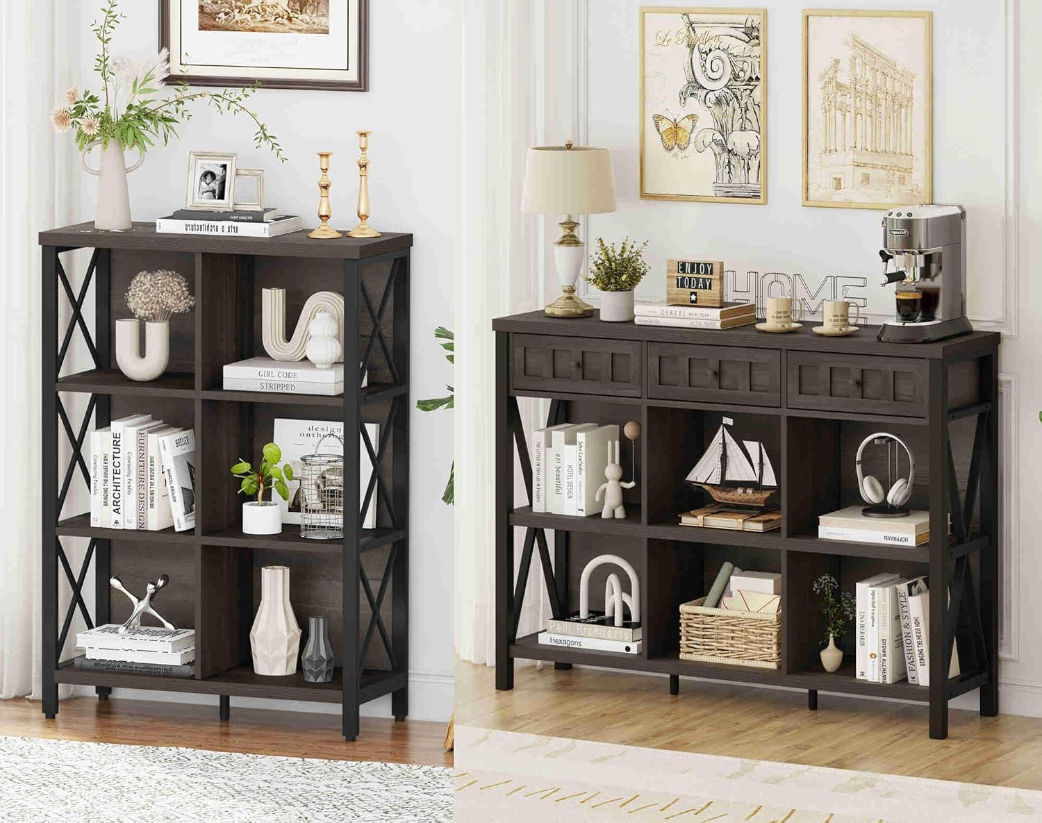 Amazon.com: FATORRI Industrial 6 Cube Bookcase with Drawers and ...