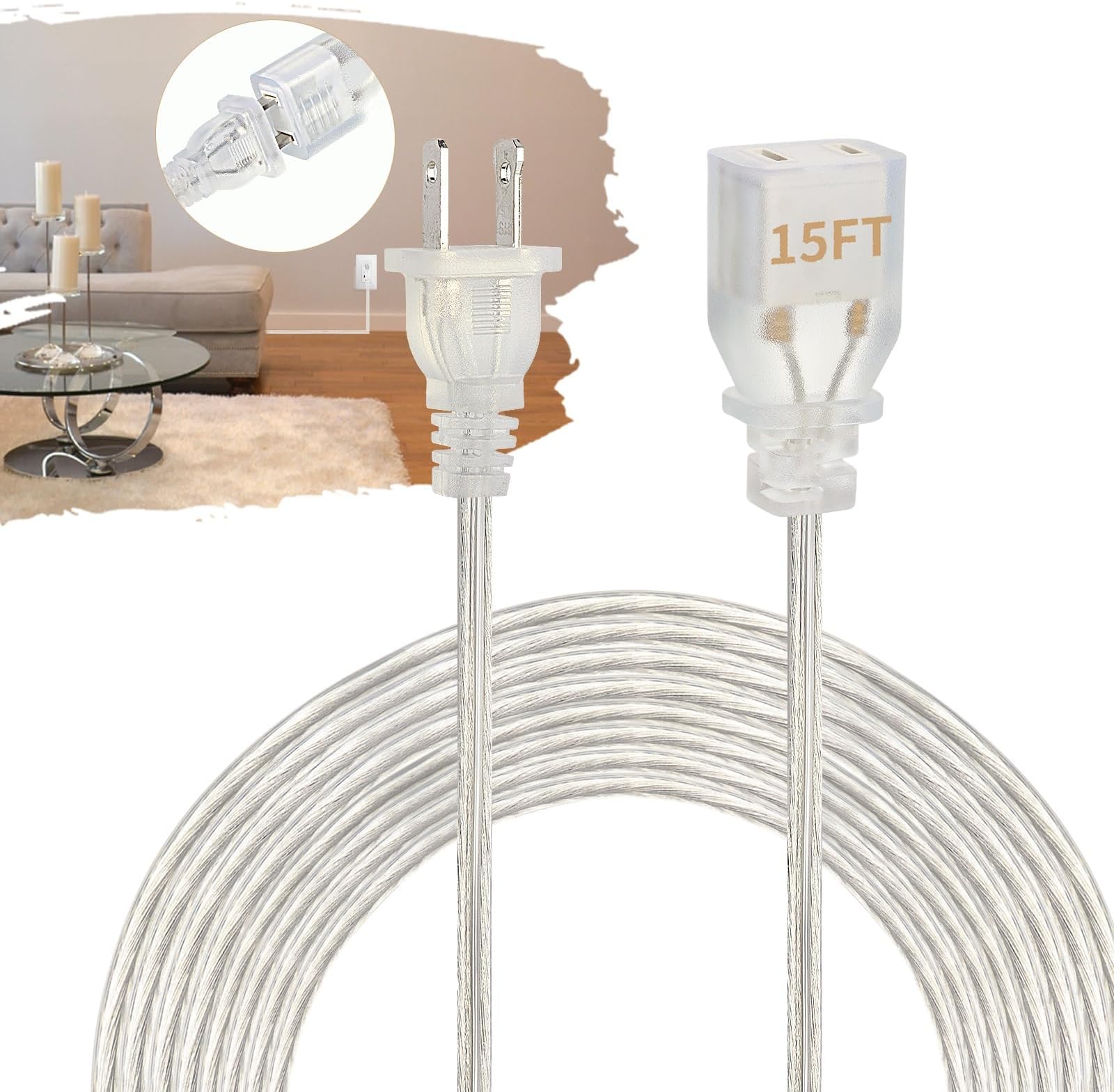 Amazon.com: Jplenty 15FT White Thin Extension Cord 2 Prong Extension ...