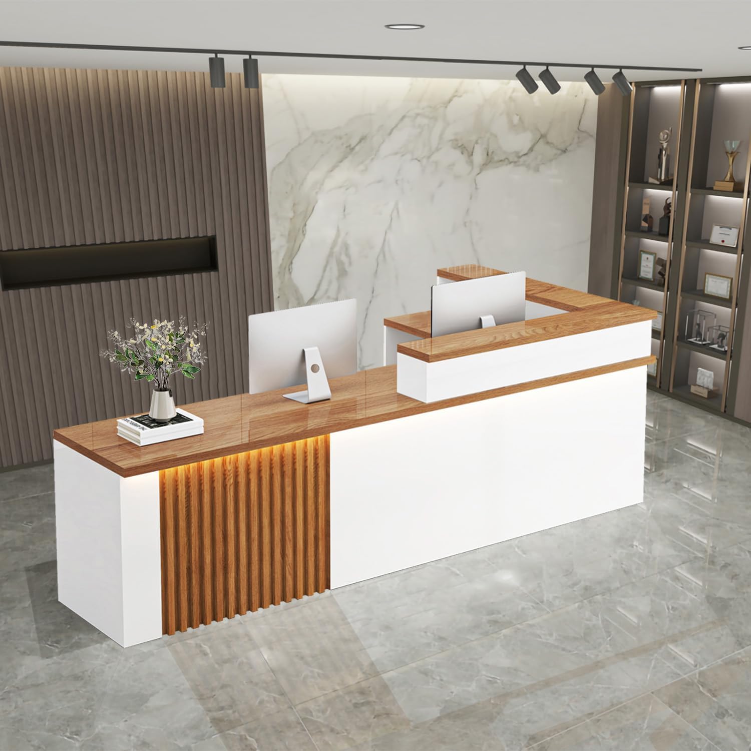 Amazon.com: L-Shaped Receptionist Desk,Modern Reception Desk with LED ...