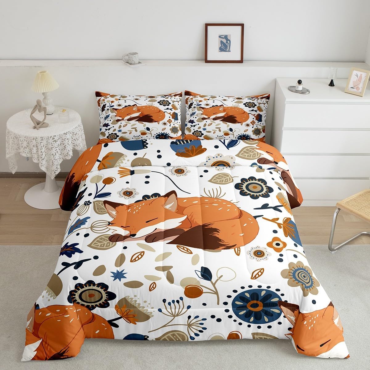 Amazon.com: Fox Comforter Set Twin Size, Cartoon Fox Sleeping Wildlife ...