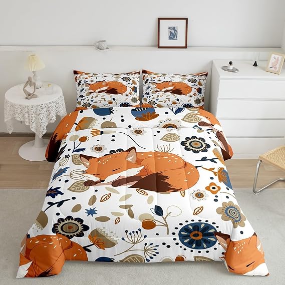 Amazon.com: Fox Comforter Set Twin Size, Cartoon Fox Sleeping Wildlife ...