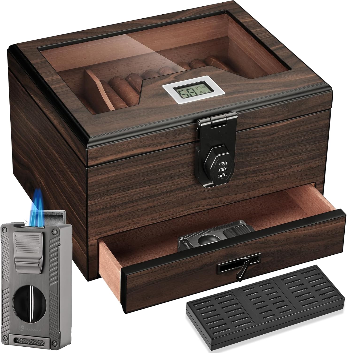 Amazon.com: LIHTUN Cigar Humidor and Cigar Lighter Kit, Cedar Wood ...
