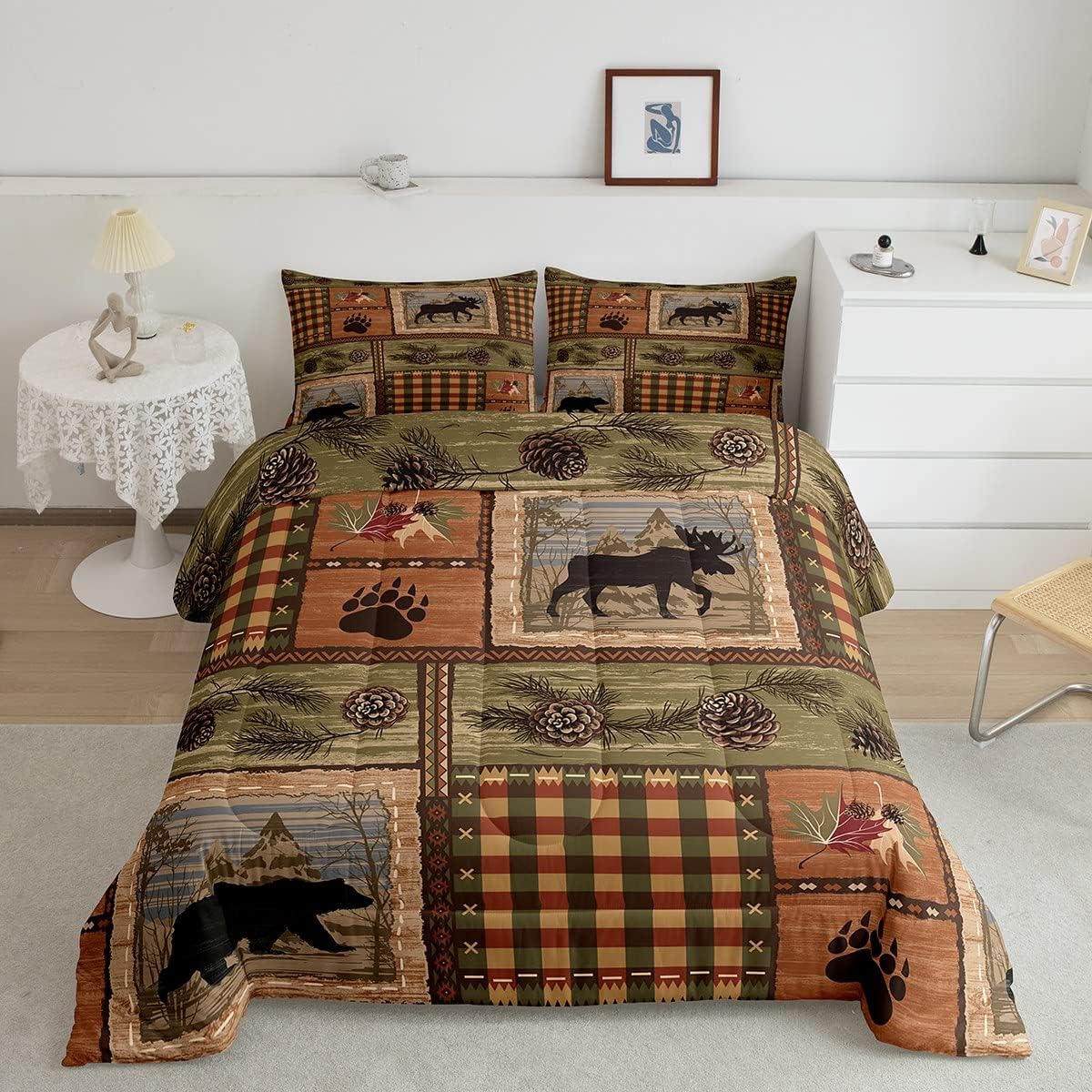 Erosebridal Rustic Cabin Queen Comforter Set,Woodland Wildlife Bear Moose Deer Quilt for Kids ...