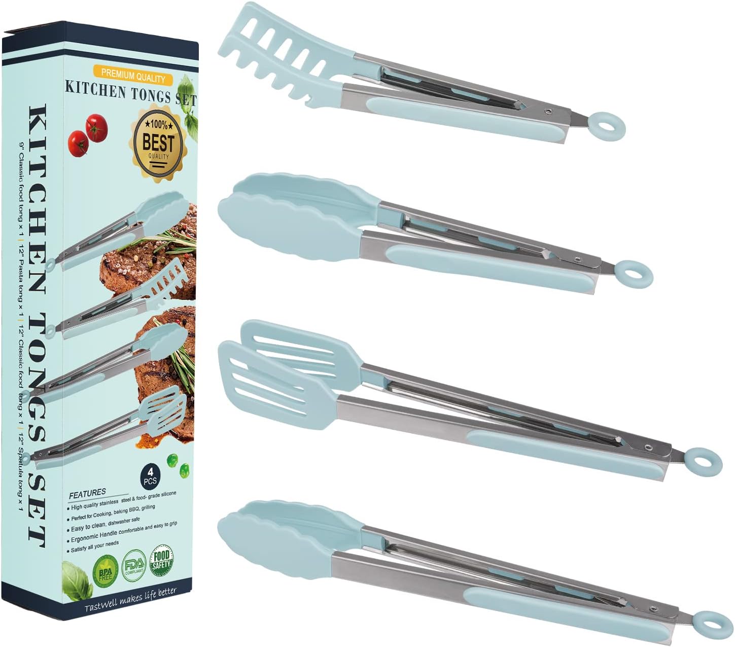 4in1 Stainless Steel Kitchen Food Tongs Set for Cooking with BPA Free ...