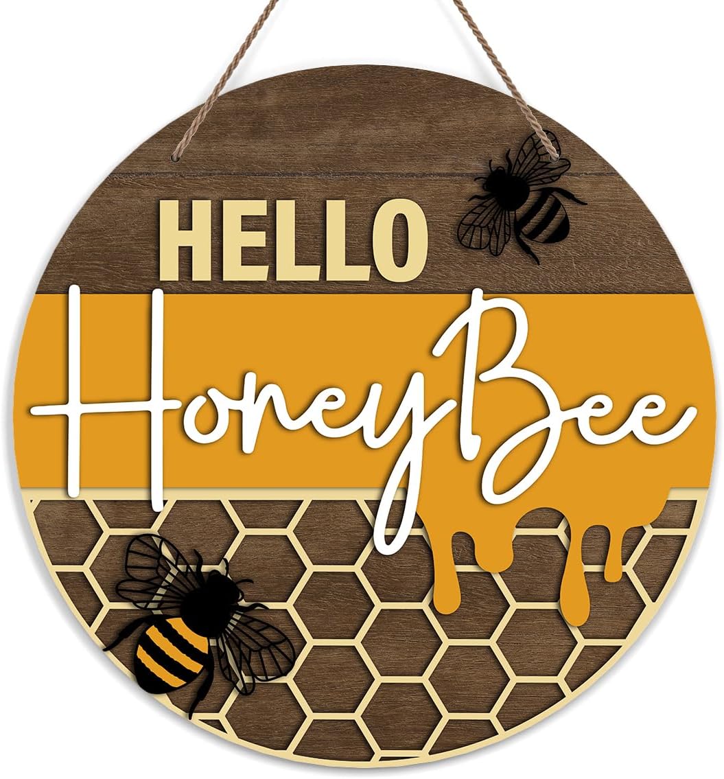 Amazon.com: Hello Honey Bee Welcome Door Sign, Bumble Bee Decor Wooden ...