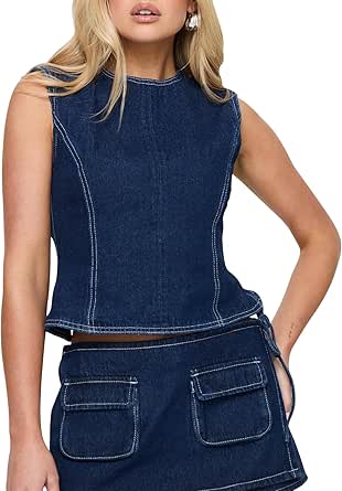 Women Sexy Backless Denim Vest Summer Sleeveless Jean Tank Top Crewneck ...