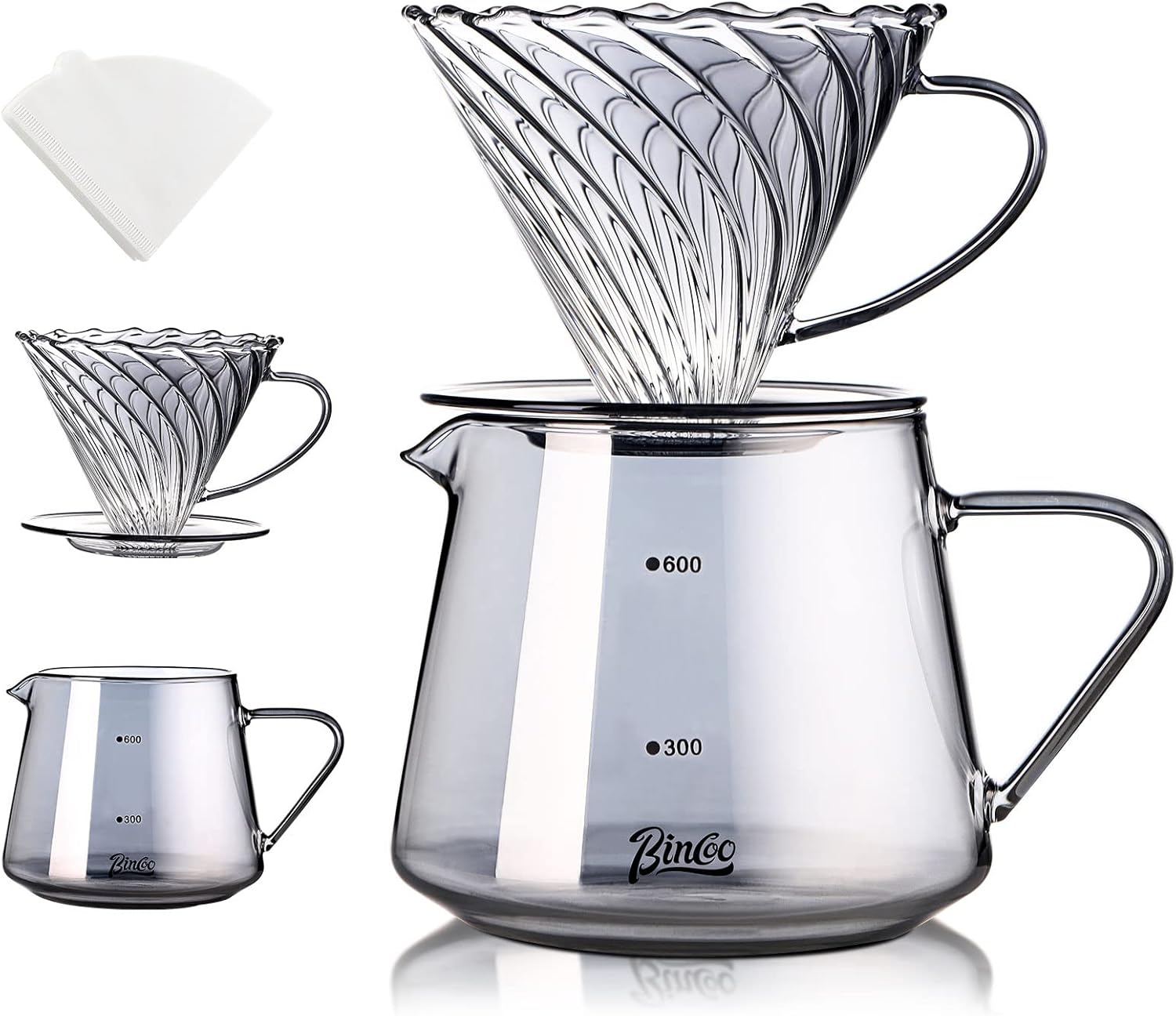Bincoo Glass Coffee Maker Set 600ml - Glass Pour Over Coffee Server Set ...
