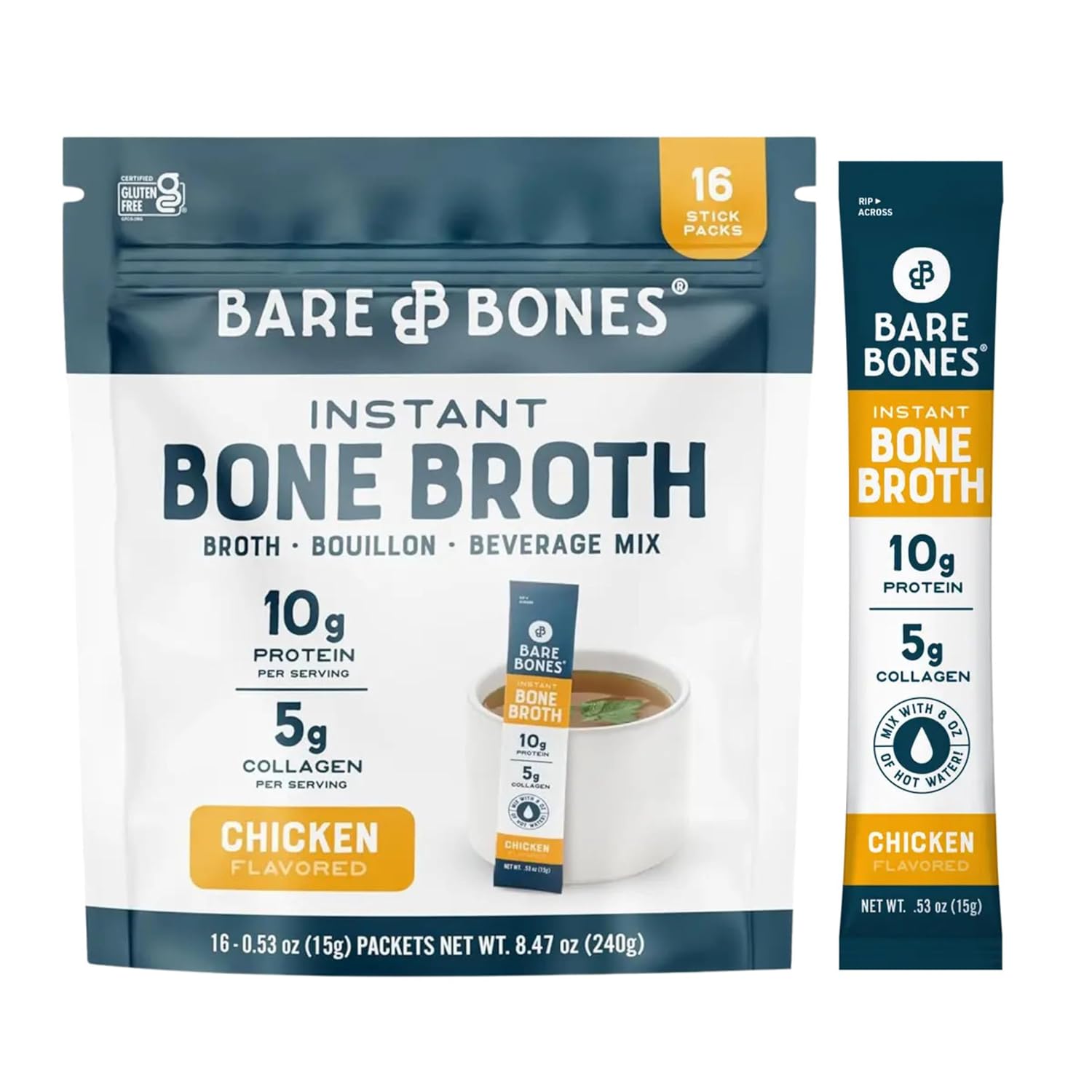 Amazon.com : Bare Bones Chicken Bone Broth Instant Powdered Mix Packets| 5g Collagen | 10g ...