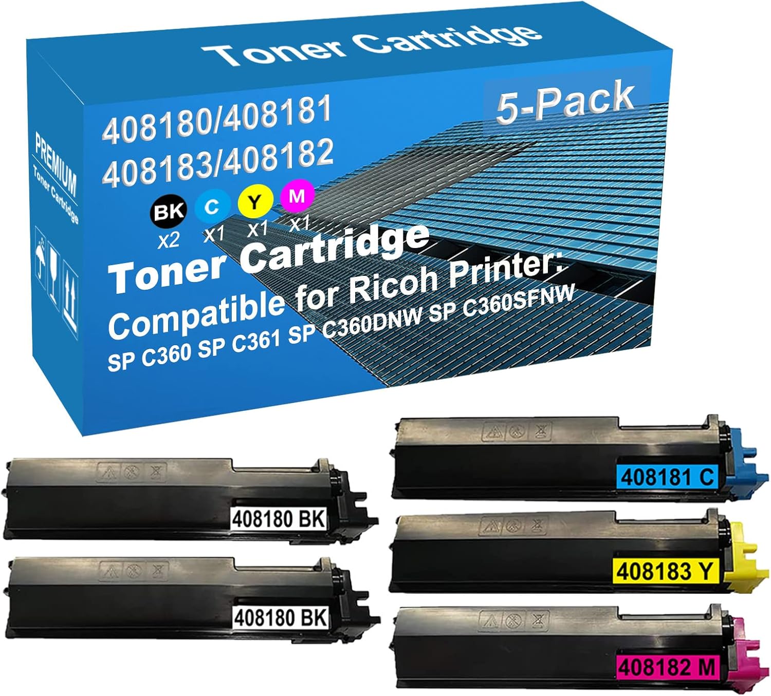 Amazon.com: Jullu 5-Pack (2BK+C+Y+M) Compatible High Yield 408180 408181 408183 408182 Laser ...