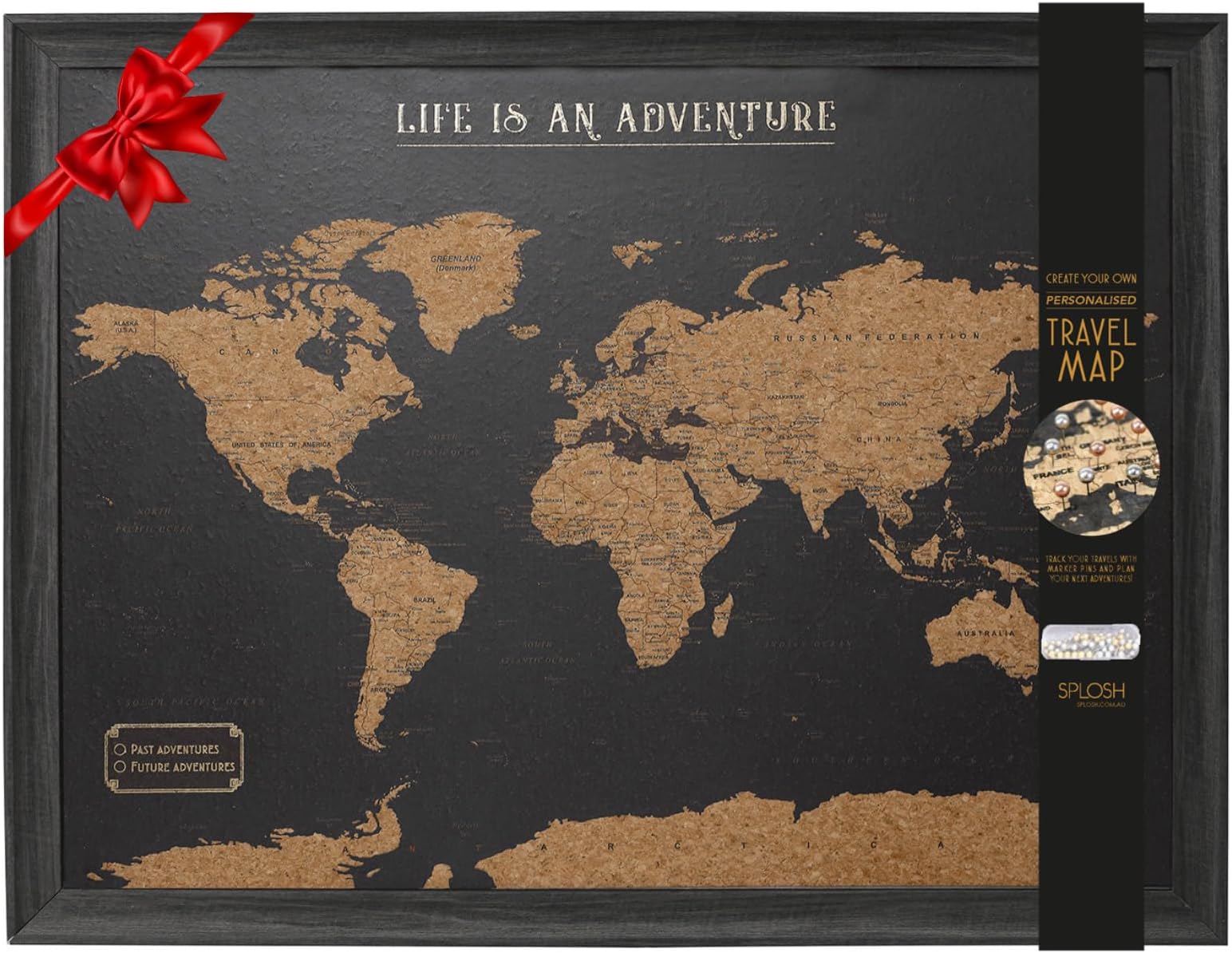 Splosh Travel Map - World Map Pin Board in Black, Wooden Frame. World ...