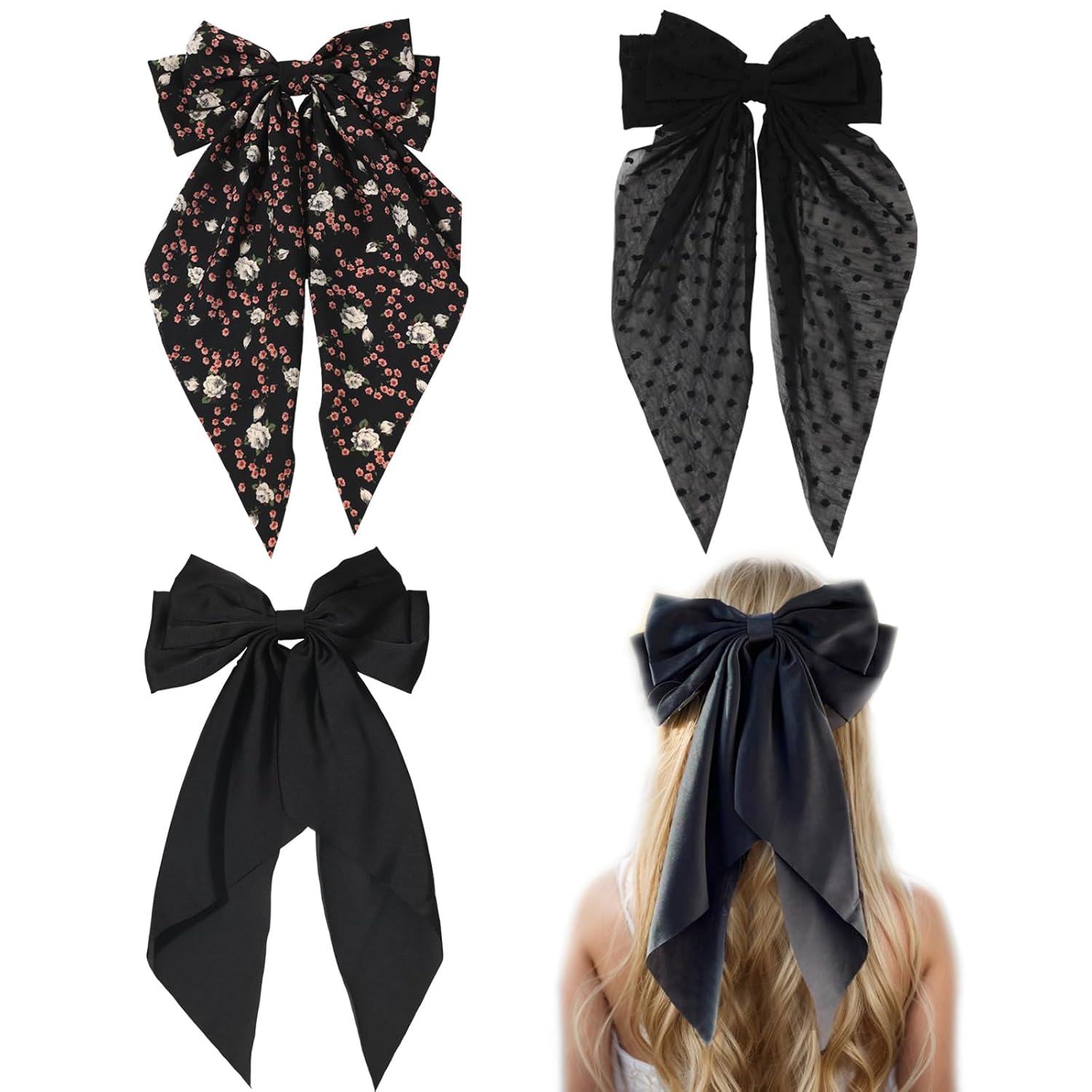 Amazon.com : LFOUVRE Black Bow Clip 3pcs, Floral Hair Bow Clips for ...