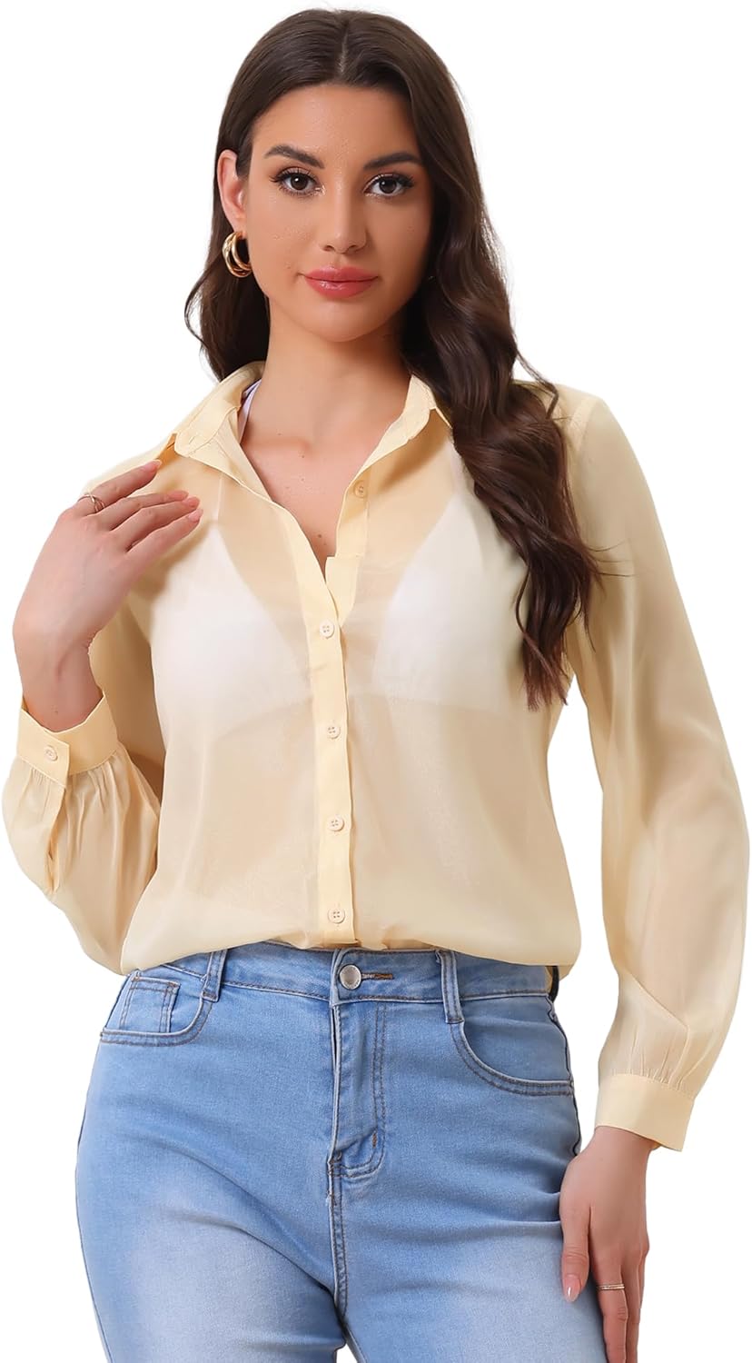 Amazon.com: Allegra K Sheer Button Up Blouse for Women's See Through ...