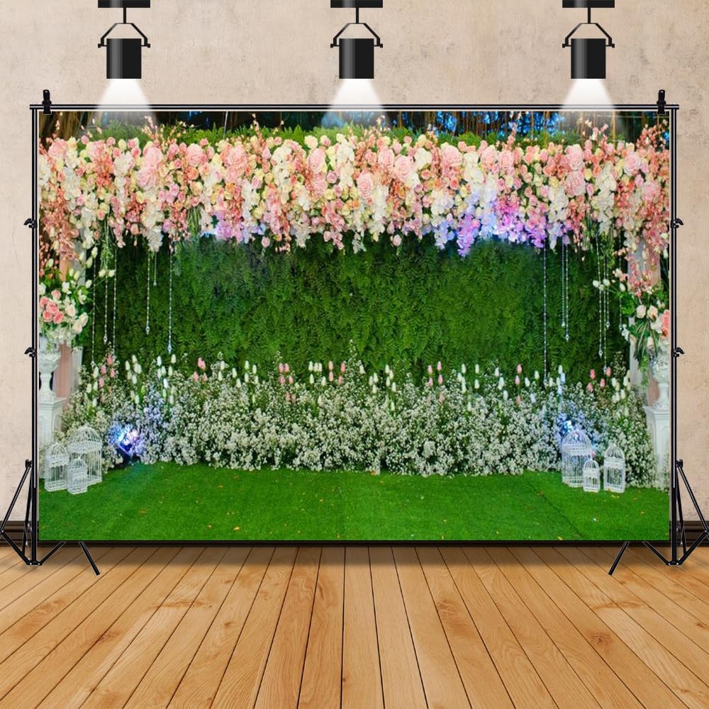 Amazon.com : 7×5ft Greenery Backdrop with Flower Photography Pink White ...
