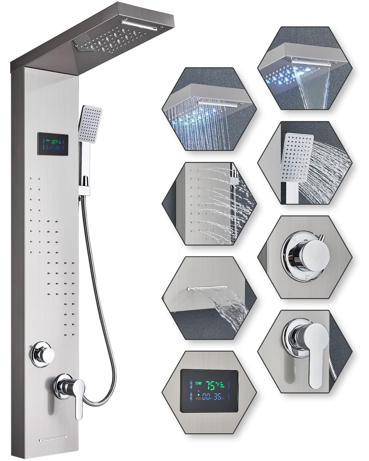 YAGATAP Shower Panel System Rainfall Waterfall Shower Head Rain Massage ...