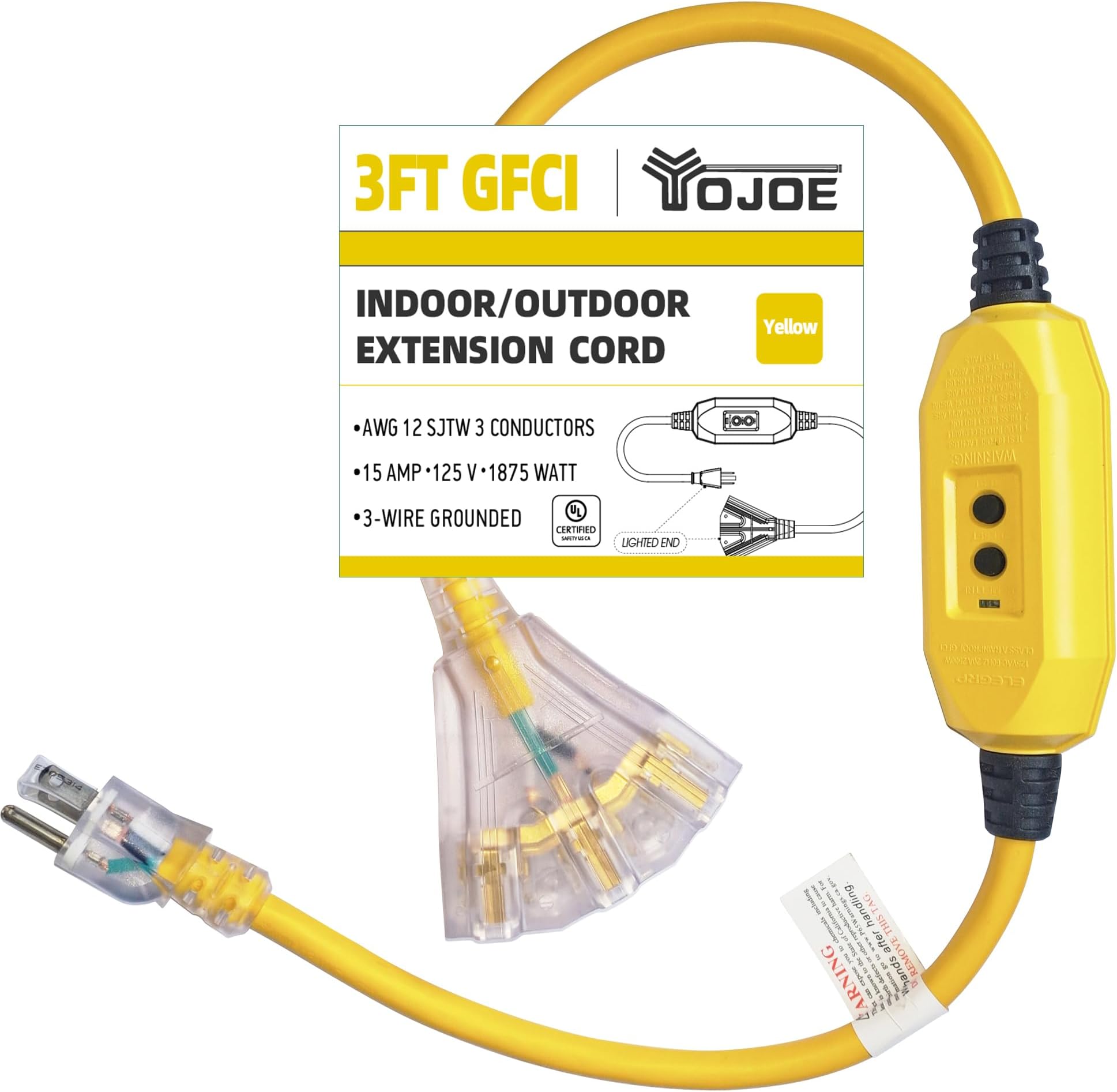 Amazon.com: YOJOE 3 Foot GFCI Yellow Extension Cord,Lighted Outdoor 12/ ...