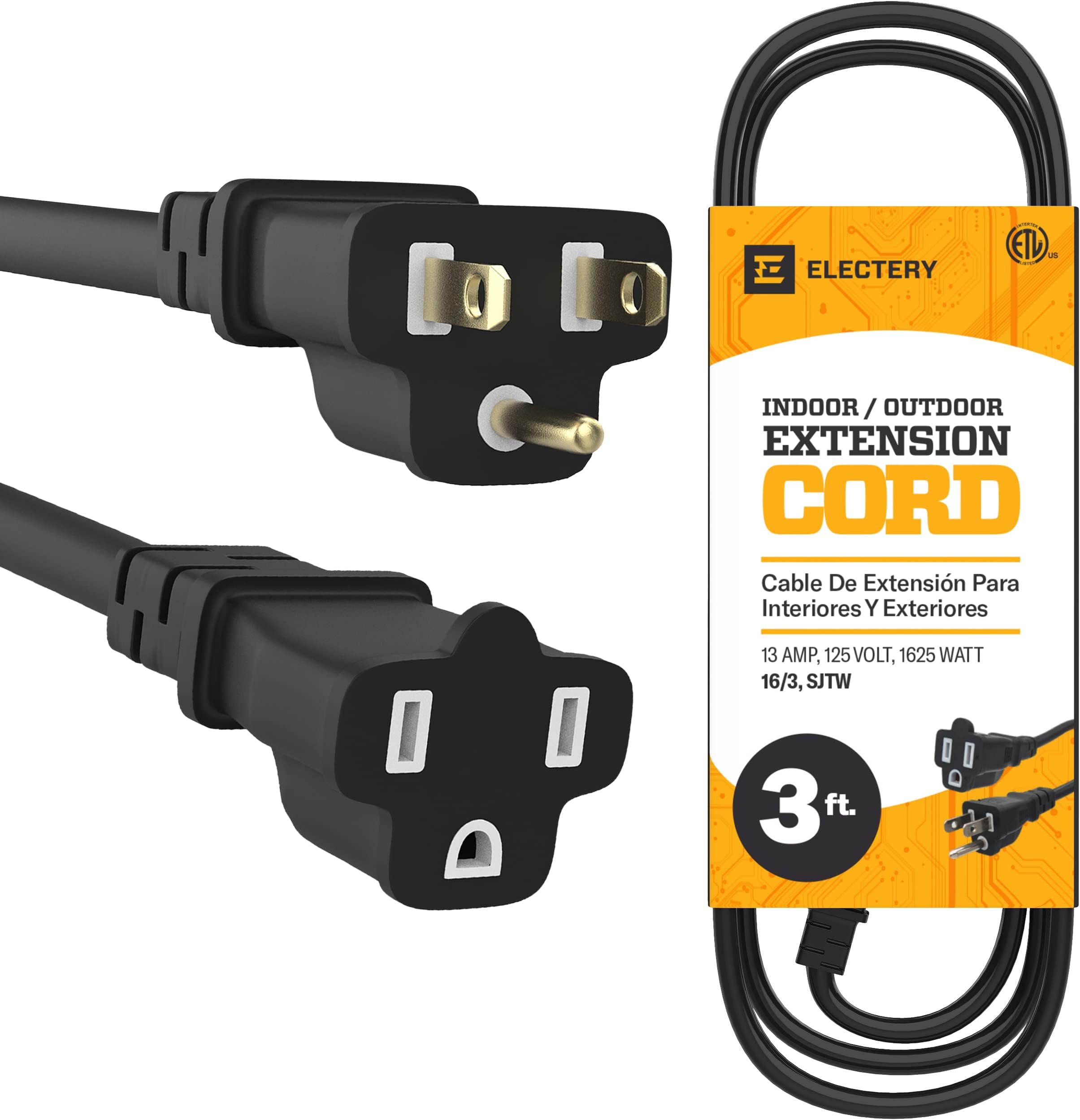 Amazon.com: Black Extension Cord 3 Ft 16/3 SJTW 3 Prong Outdoor ...