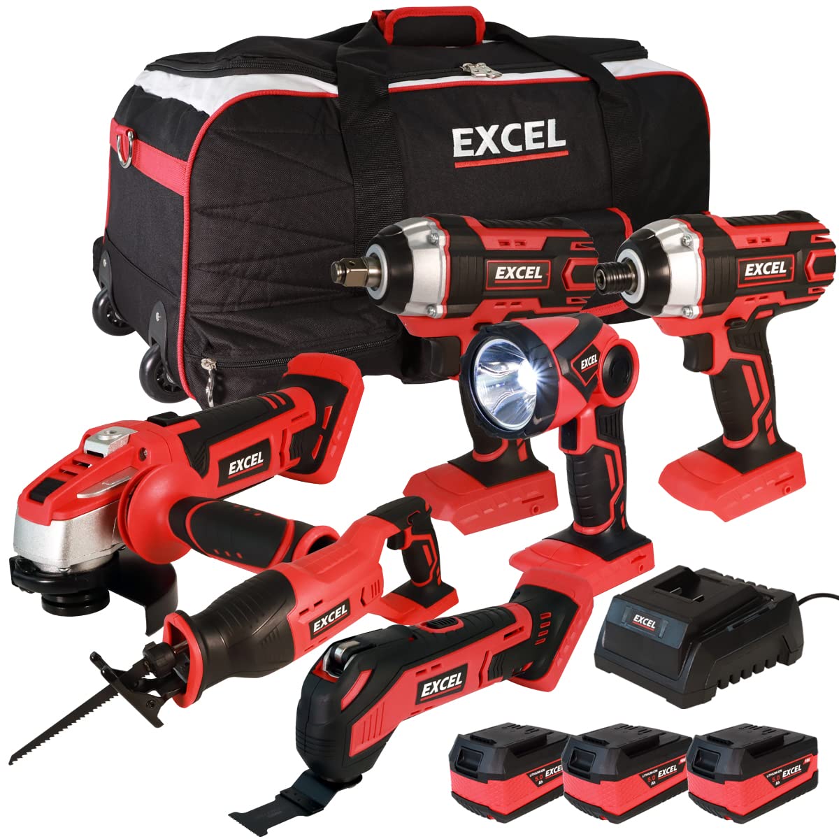 Buy Excel18V 6 Piece Cordless Li-ion Power Tool Kit with 3 x 5.0Ah ...
