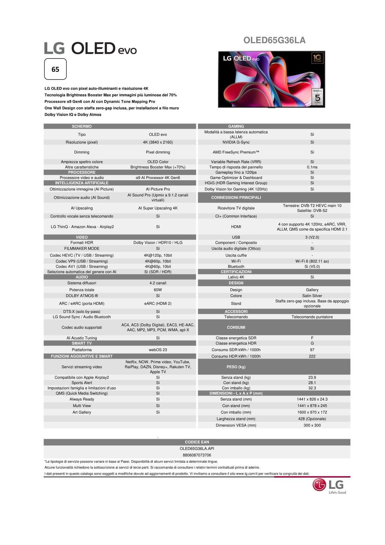 LG OLED 65'', Serie B4 2024, OLED65B46LA, Smart TV 4K, Processore α8, Dolby Vision, Dolby Atmos ...