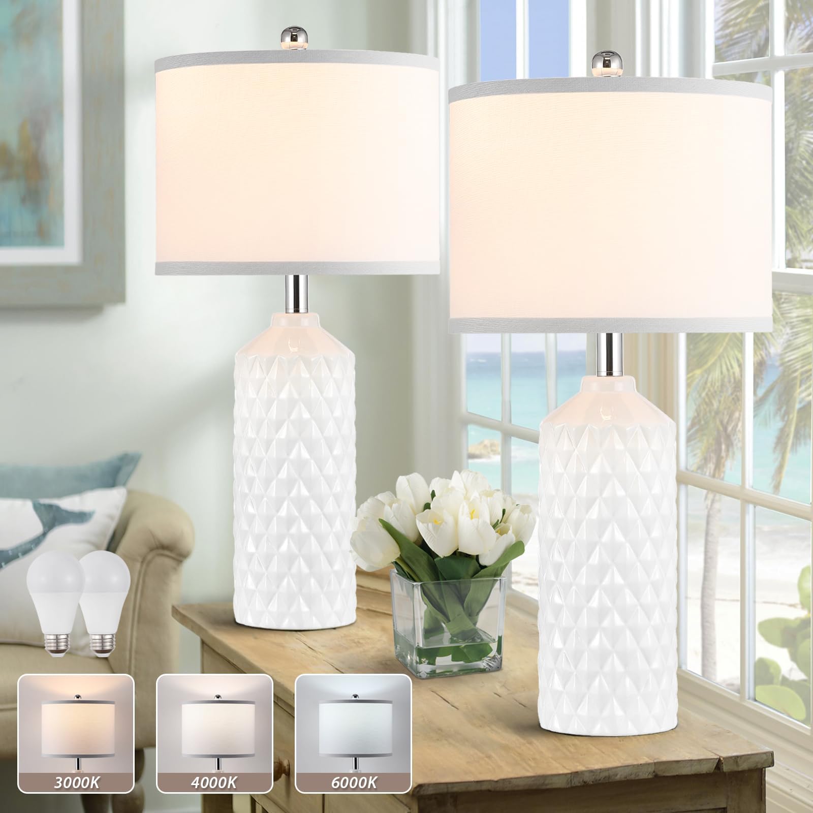 TUUANA 25.5in Ceramic Table Lamps Set of 2, Modern White Table Lamps ...