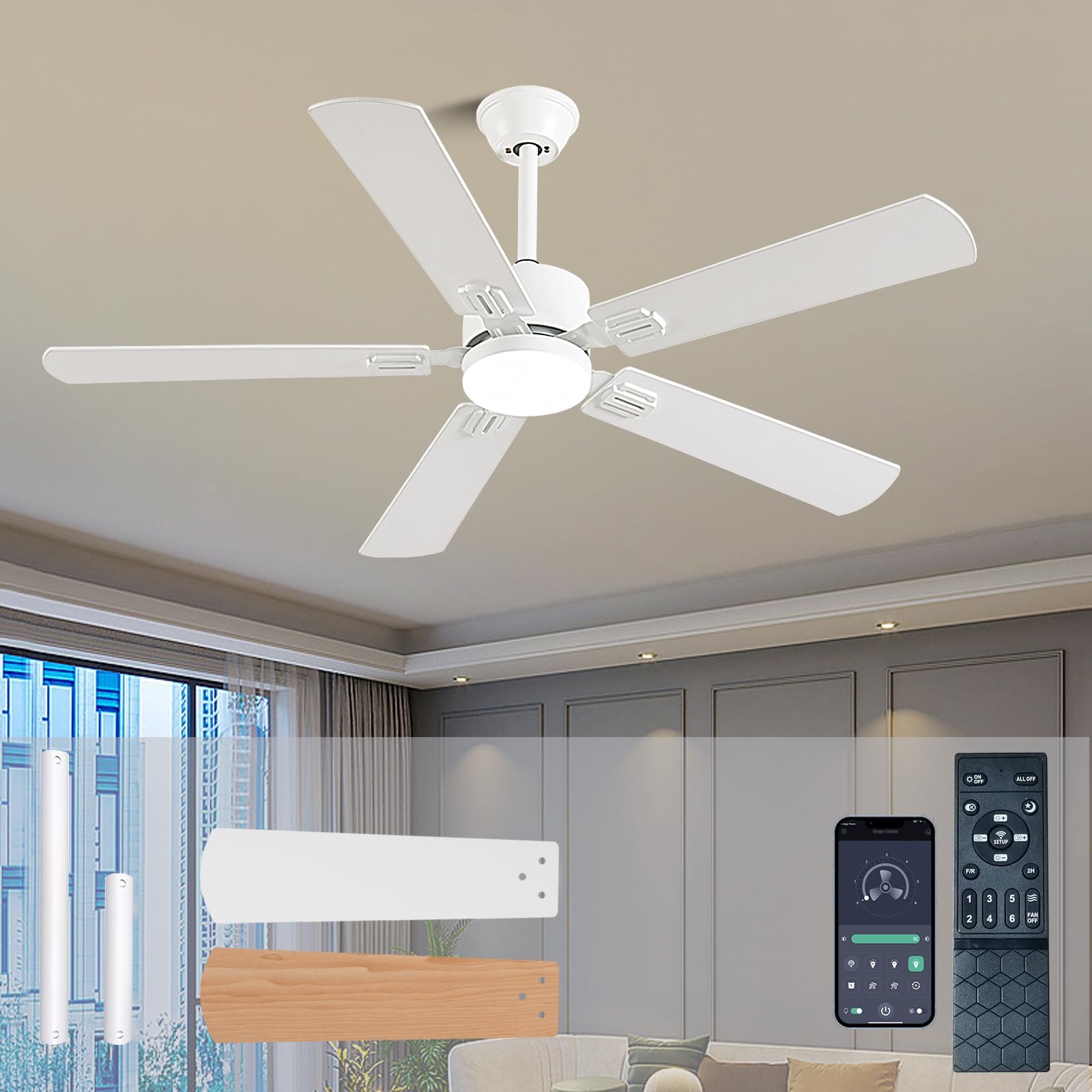 52 inch White Ceiling Fan with Light and 6 speed Remote Control ...