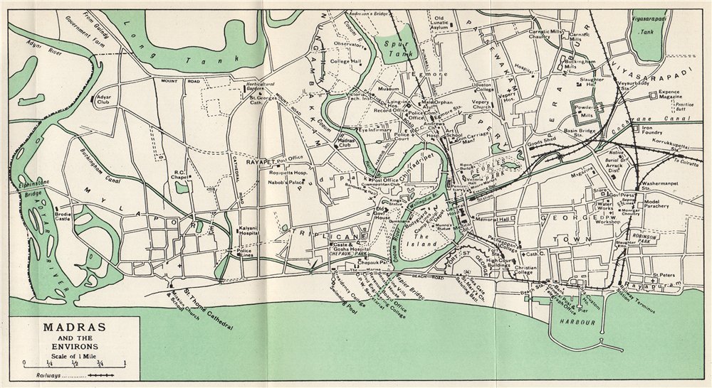Madras Chennai Town City Plan Showing Key Buildings India 1965 ...