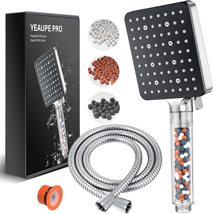 Shower Head and Hose 1.6M with Filter - YEAUPE PRO Square High Pressure ...