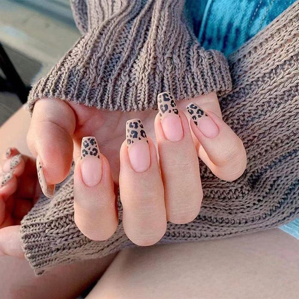 Amazon.com: DOUBNINE Press on Nails Long Square Leopard Print Brown ...