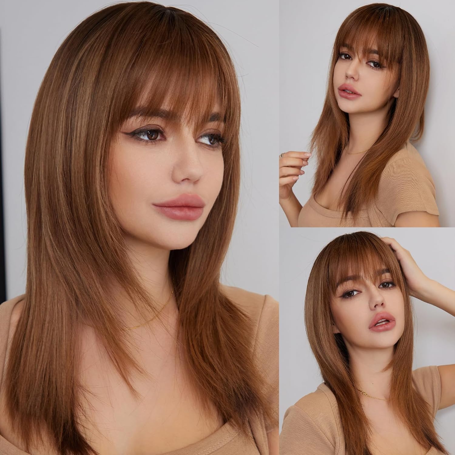 WOKESTAR Long Straight Wigs for Women with Fringe, Layered Synthetic ...
