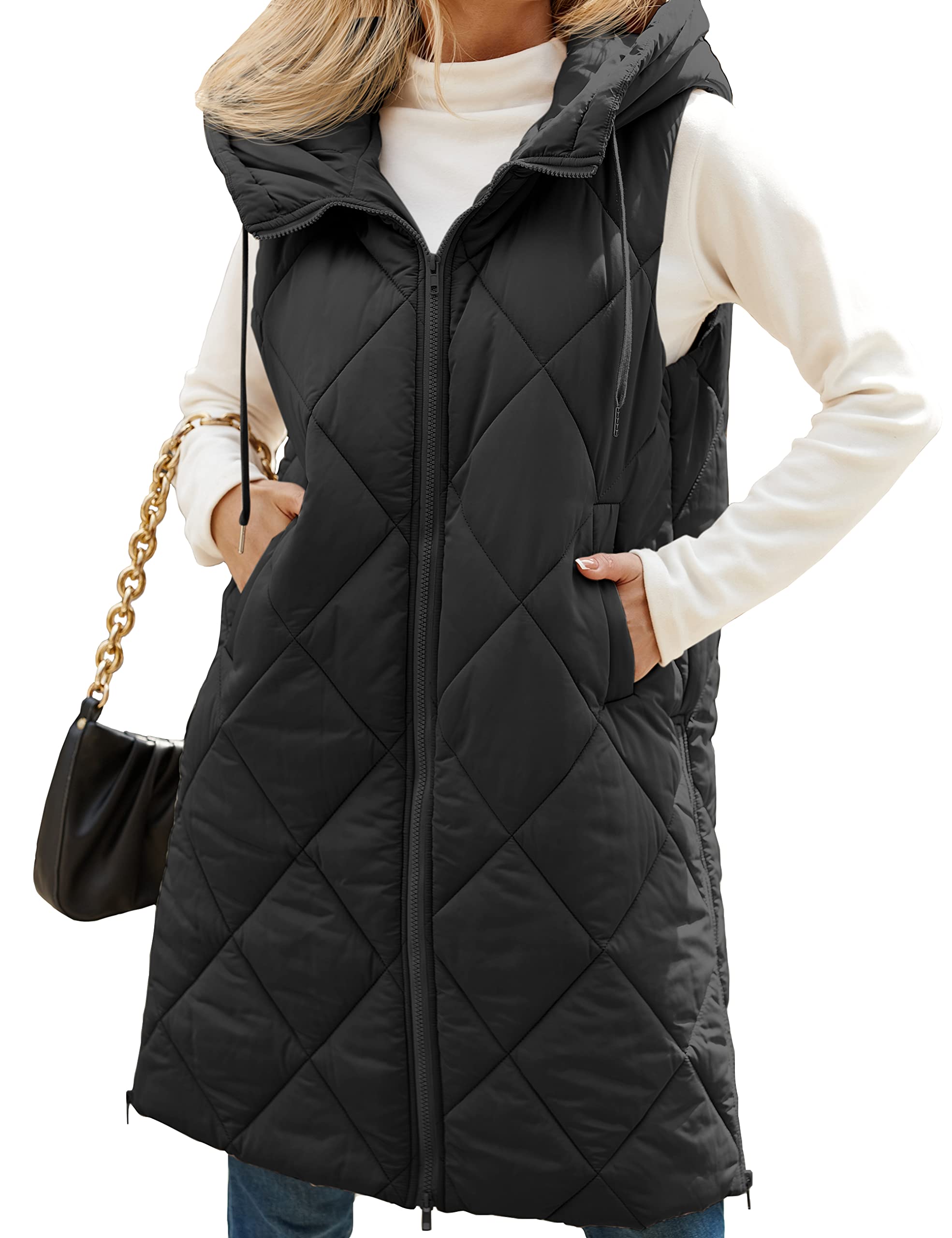 MEROKEETY Womens Sleeveless Quilted Long Puffer Vest Hooded Full Zip ...