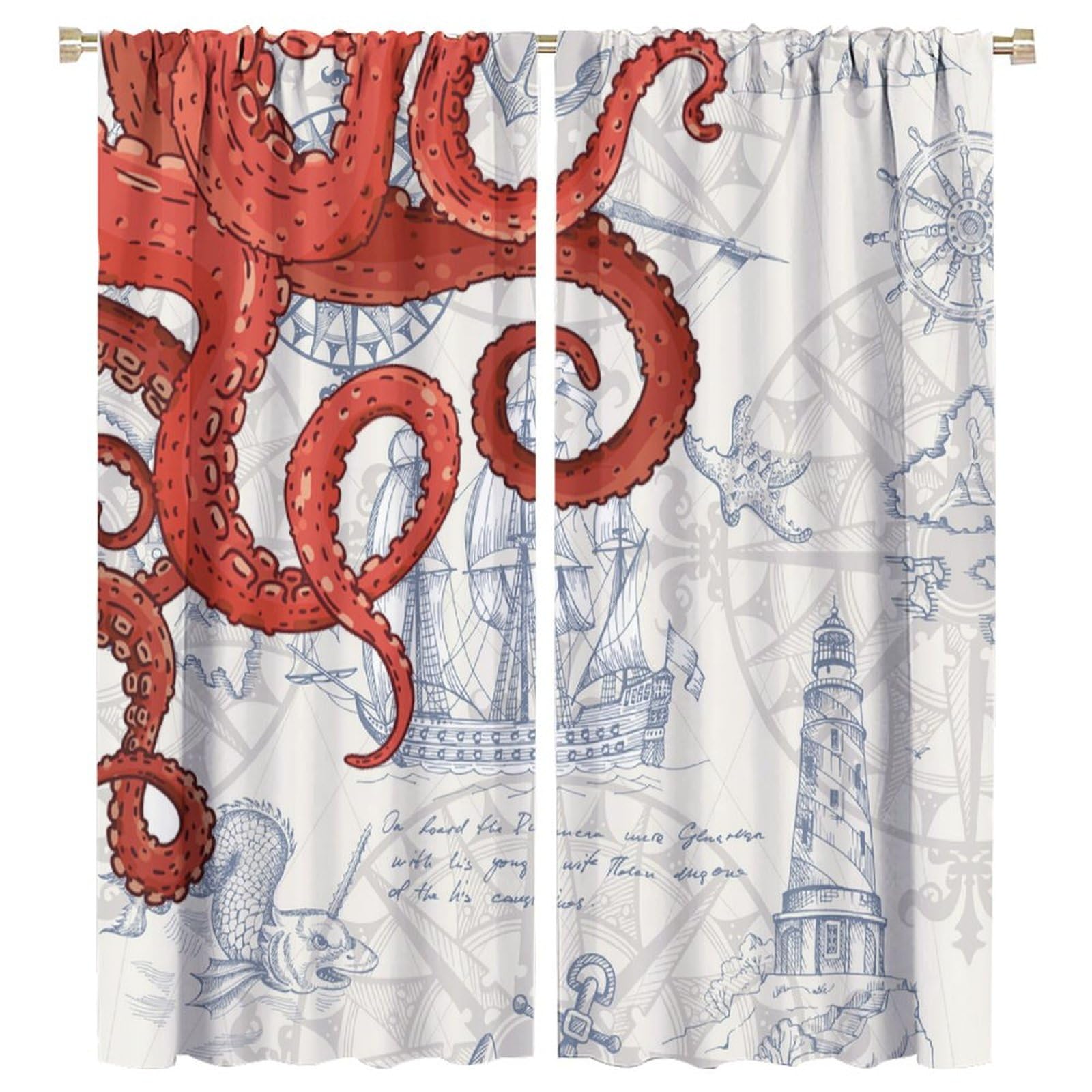 Amazon.com: SHElifestyle Red Nautical Octopus Curtains, Ocean Kraken ...