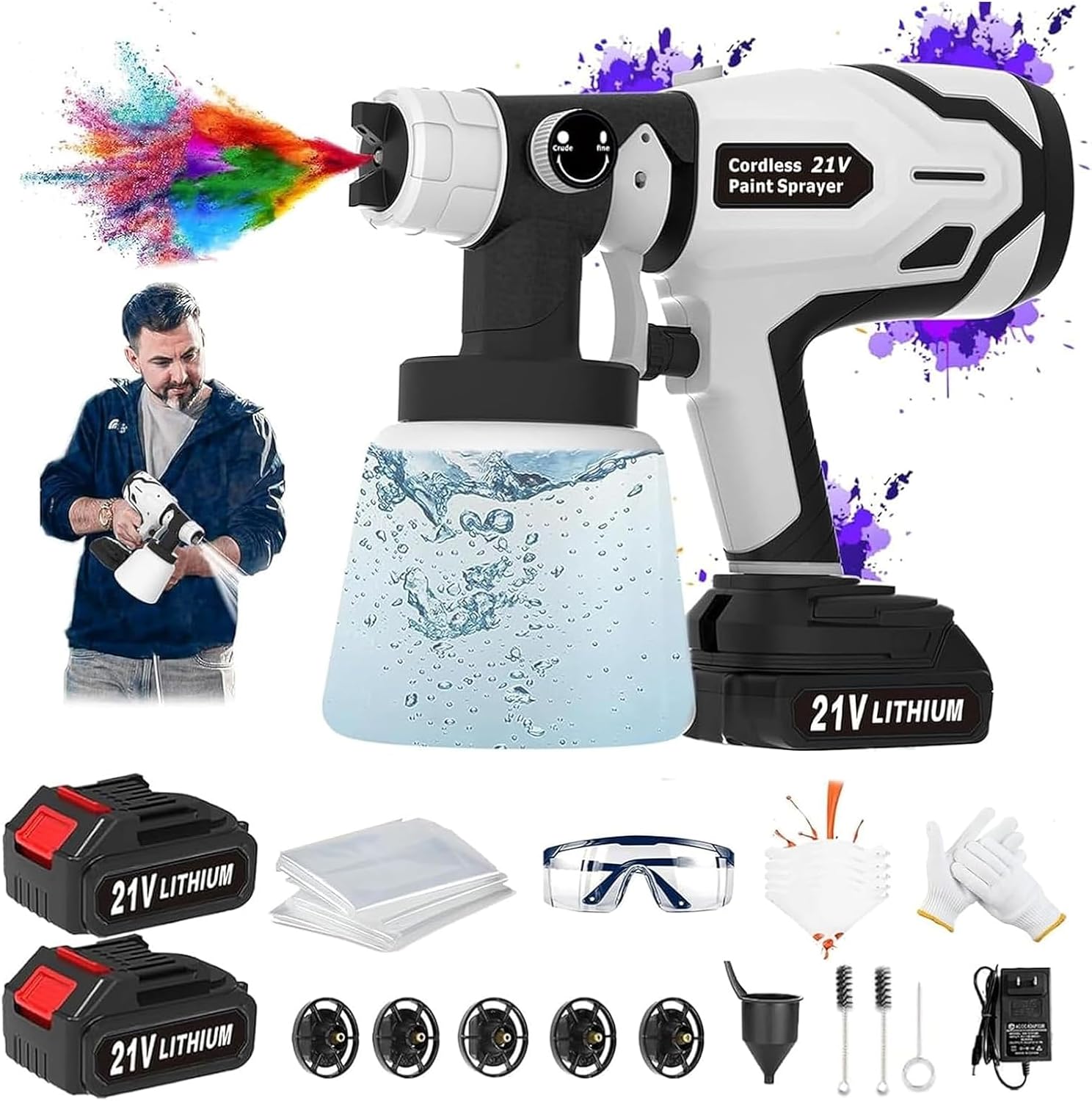 21V Cordless Paint Sprayer Gun, 600W Battery Paint Sprayer, Paint Spray ...