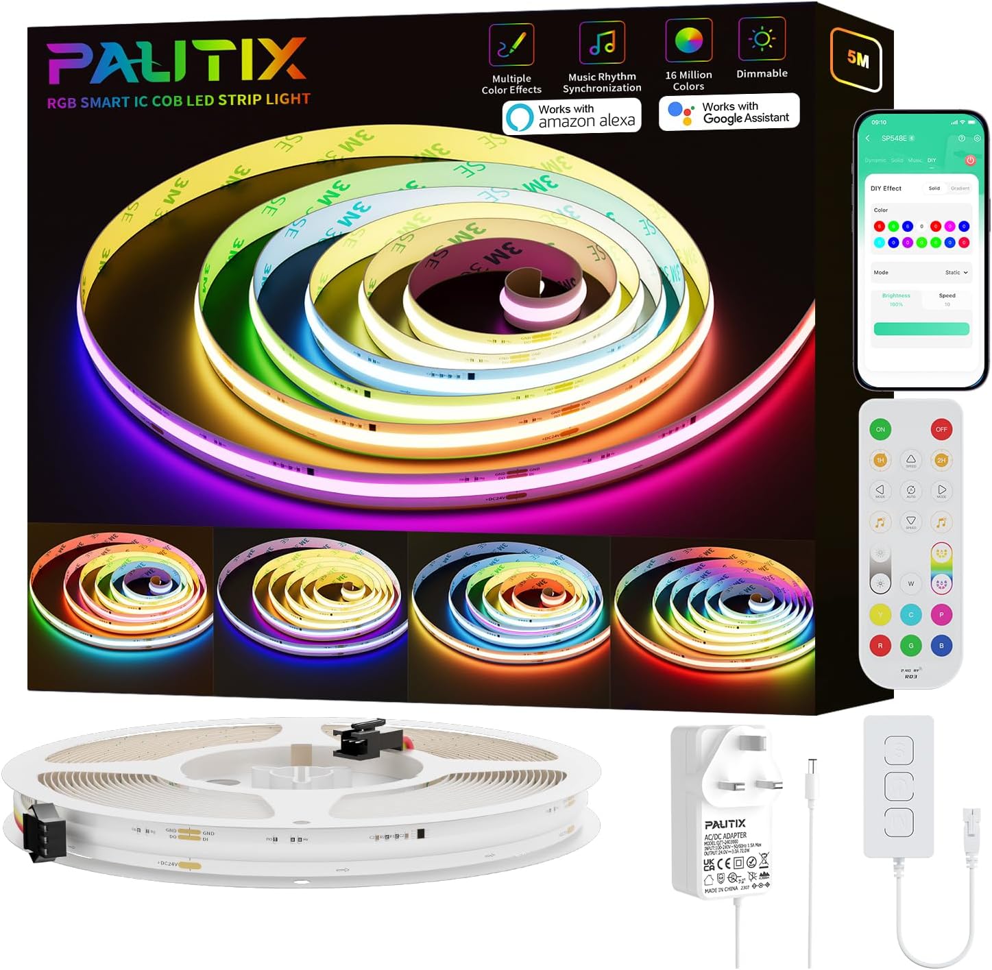 PAUTIX WiFi RGB Smart IC COB LED Strip 5M,DC24V Colour-Changing Pixel ...