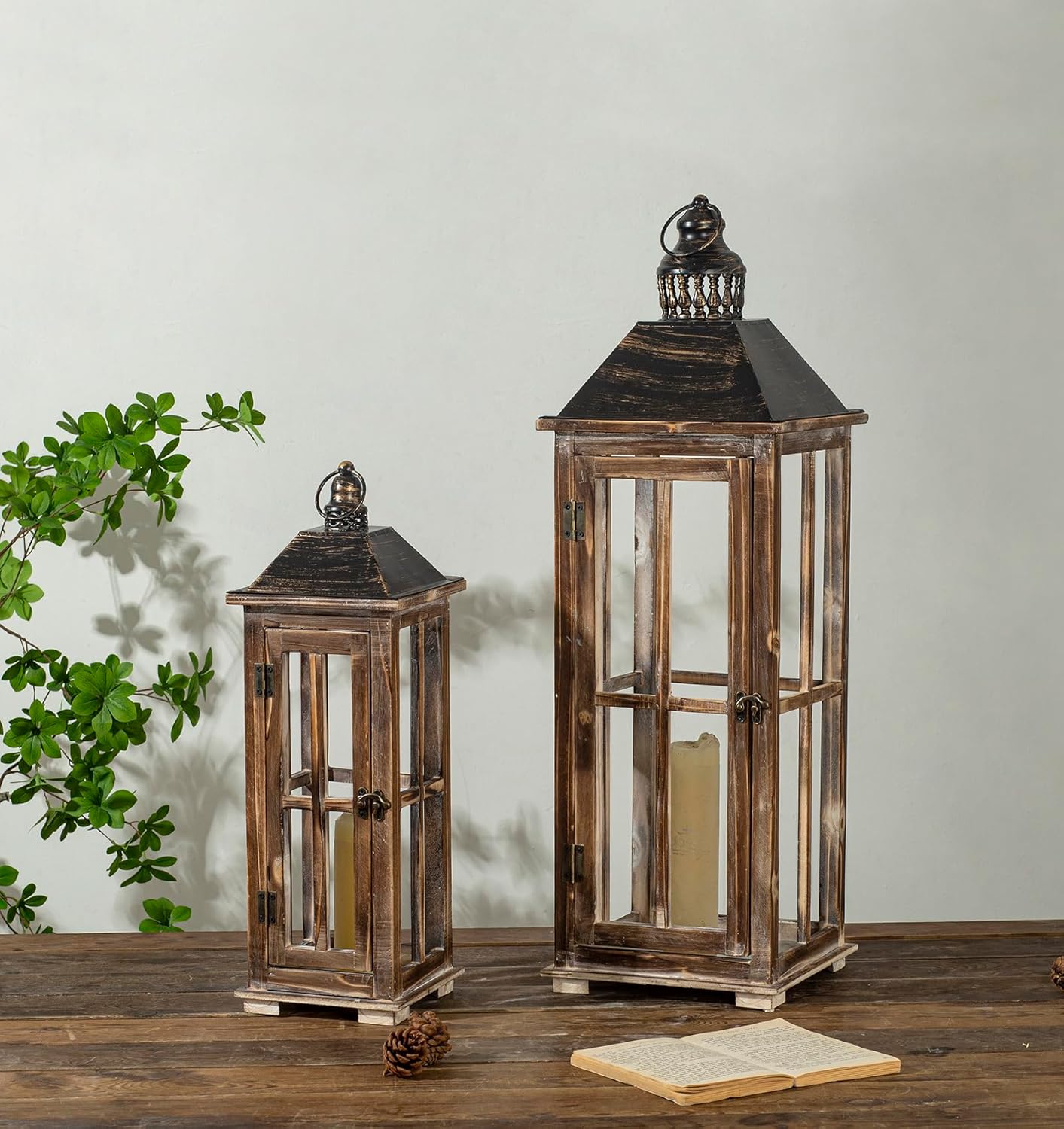 Amazon.com: Large Farmhouse Wooden Decorative Lantern Set of 2, Rustic ...