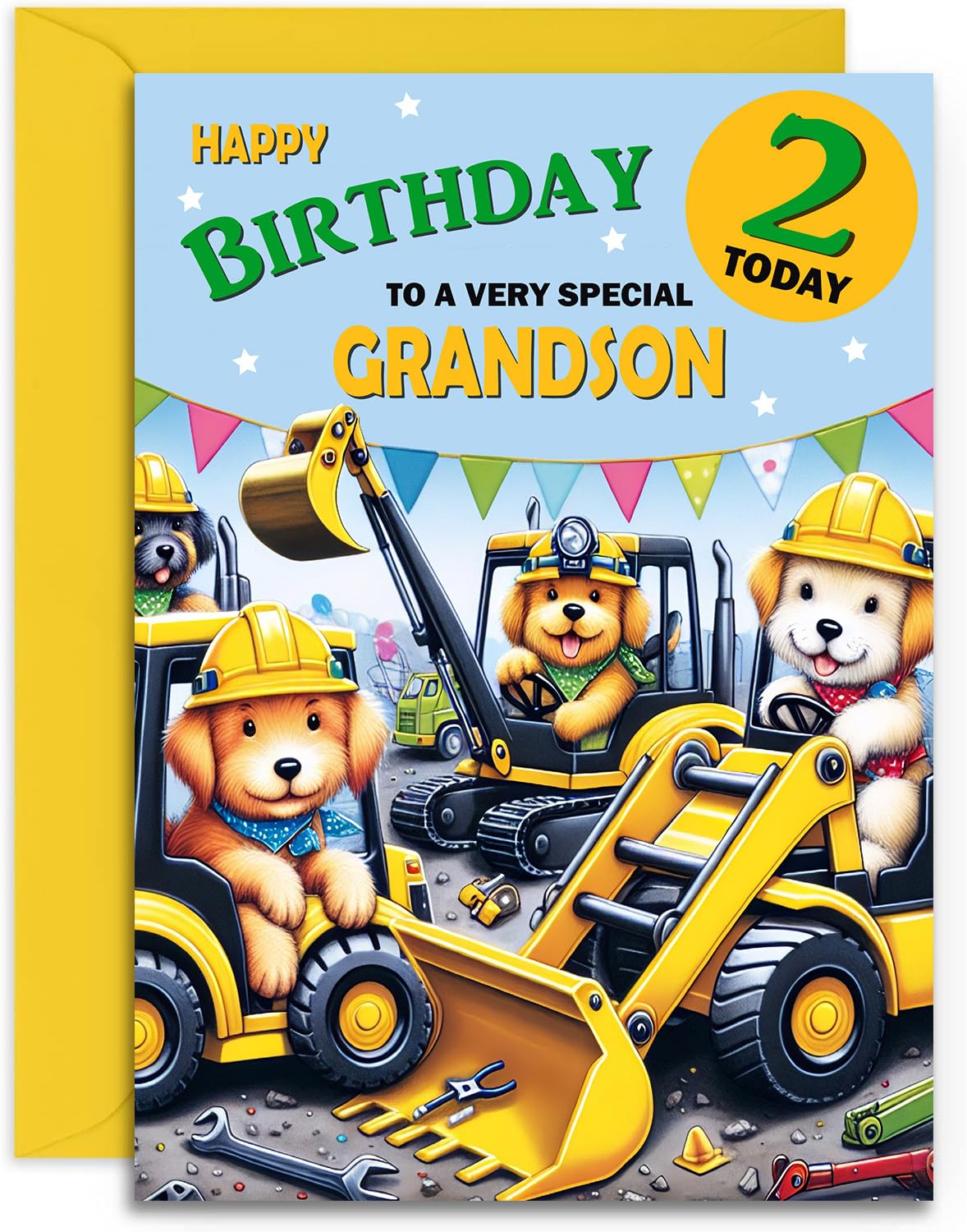 Grandson Kids 2nd Birthday Card - Doggy Digger Crane Design for Age 2 ...