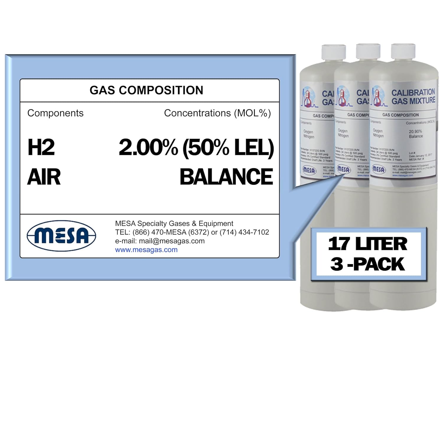 3-Pack 2.00% (50% LEL) Hydrogen Balance AIR in A 17L Disposable ...