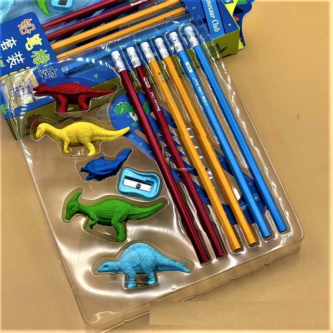 Bunic Pack of 13 Dinosaur Erasers, Pencils and Sharper Set | Included 6 ...