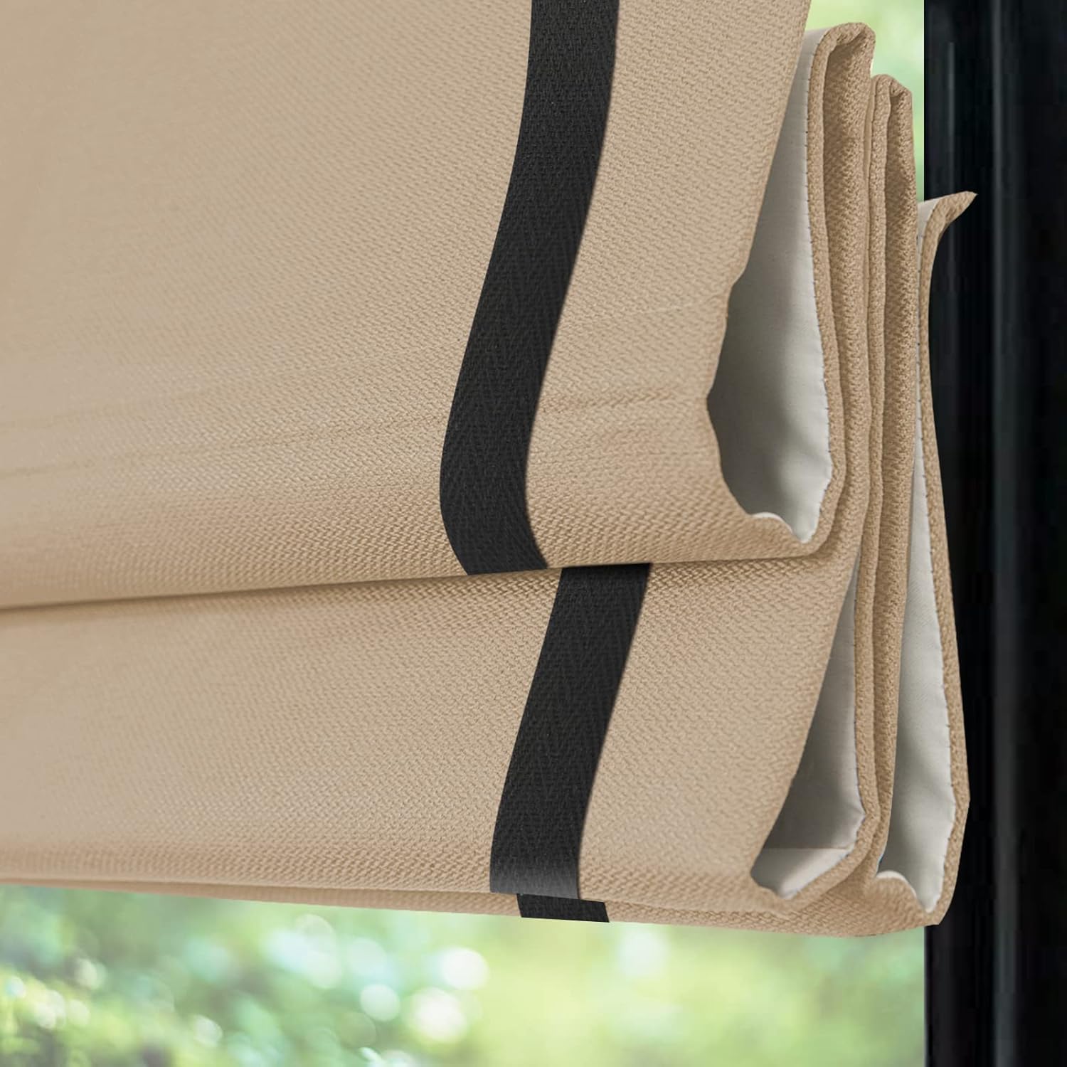 Amazon.com: Cordless Roman Shades with Black Ribbon Border, Tan Fabric ...