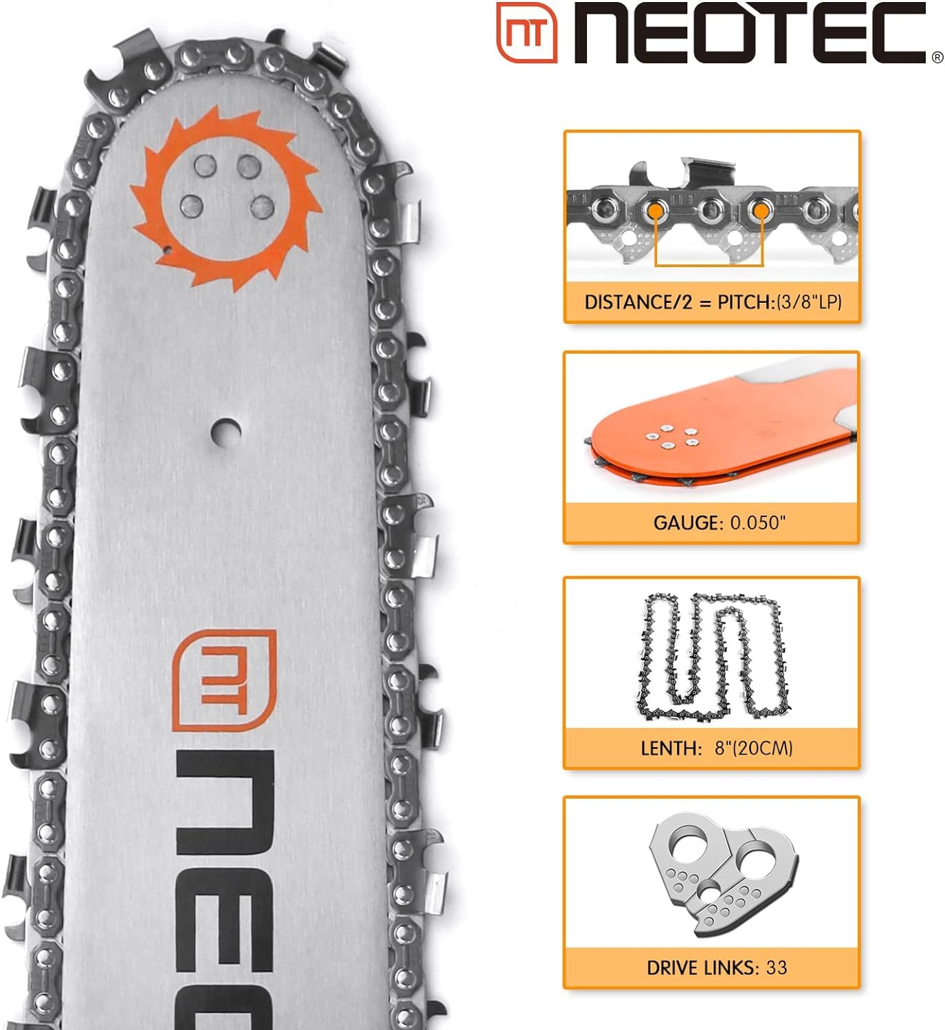 Snapklik.com : NEO-TEC 8 Inch Chainsaw Chain 3 Pack - S33 - .050 Gauge