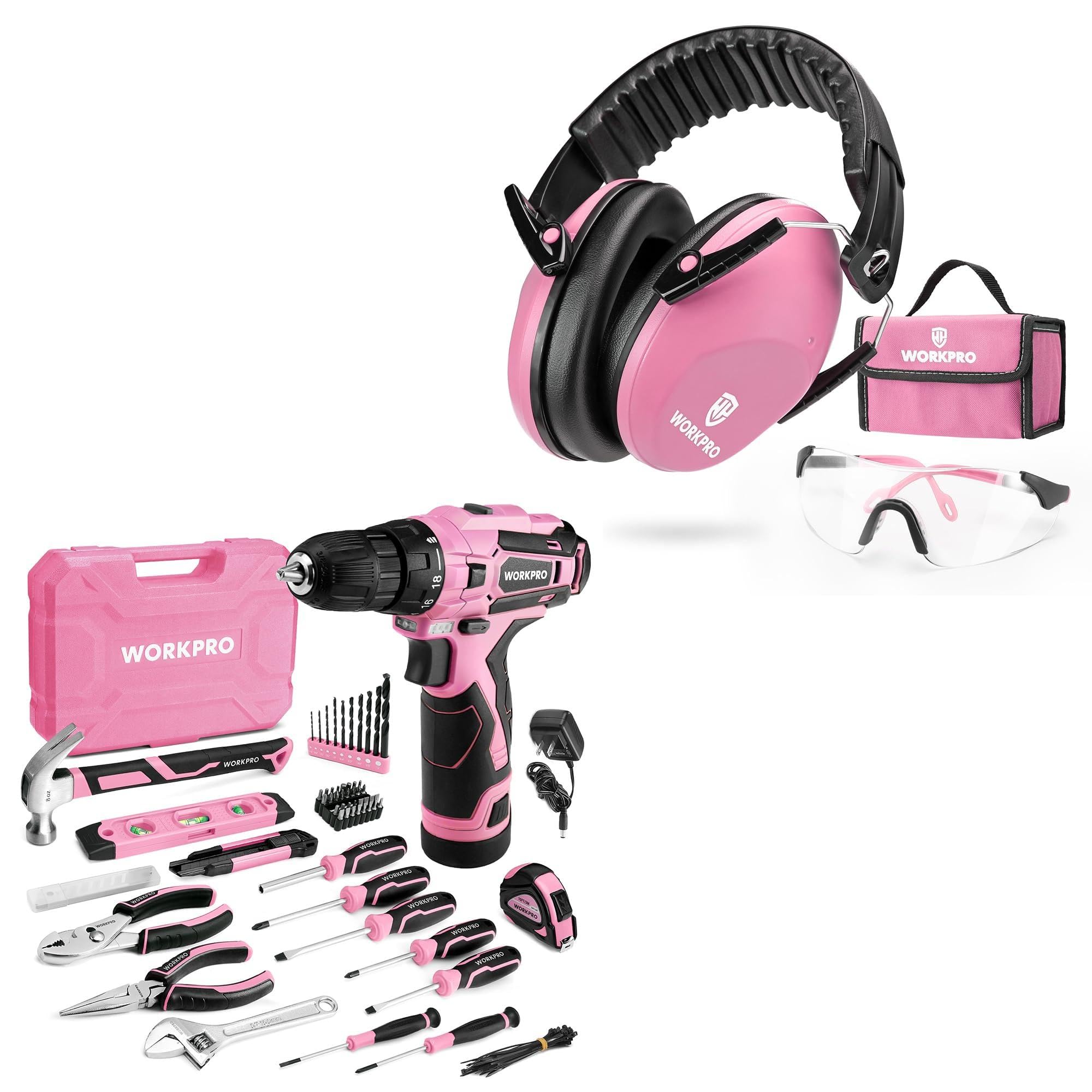 WORKPRO Pink Tool Set with Power Drill, WORKPRO Kids Ear Protection ...
