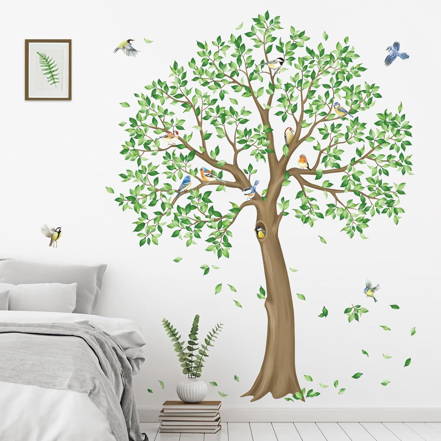 decalmile Large Green Tree Wall Stickers Falling Leaves Birds Wall Decals Living Room Bedroom ...