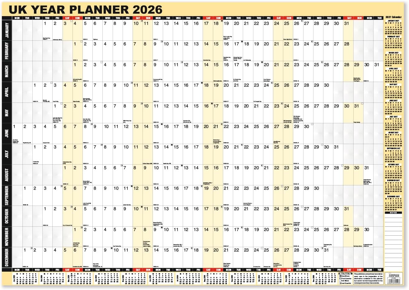 2026 Yearly Wall Planner Calendar, 12 Months, January - December ...