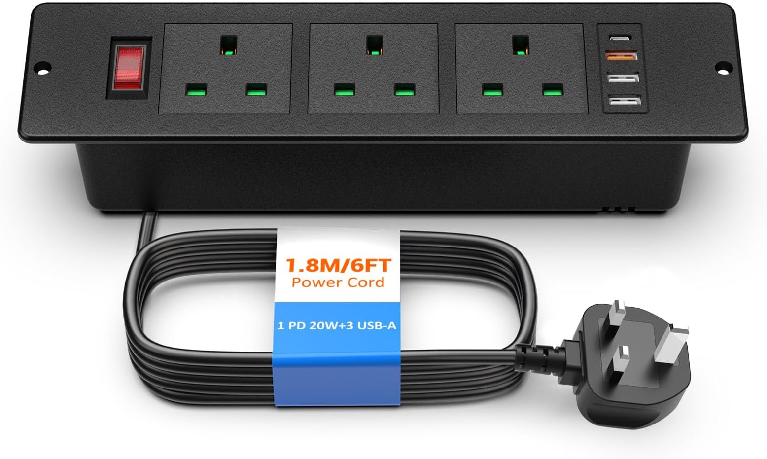 Power Strip 3 Way with USB C PD 20W, Ohuo Recessed Power Strip with 1 USB C, 3 USB-A Ports ...