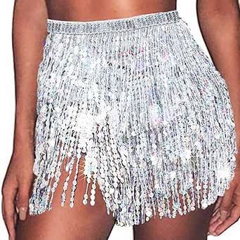 REETAN Sequin Sparkly Skirt Disco Fringe Short Skirt Rave Party Dance ...