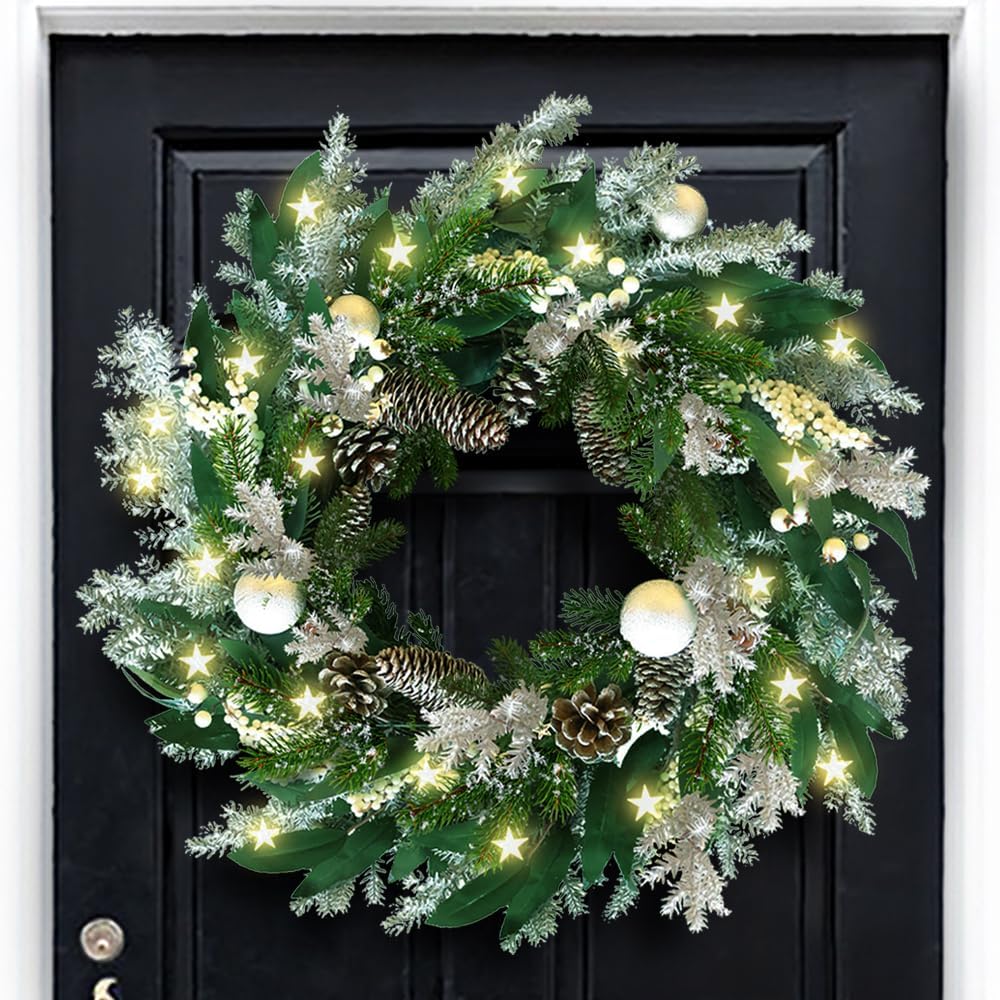 Amazon.com: Qingbei Rina Winter Wreaths for Front Door,22 Inch Christmas Door Wreath with Star ...