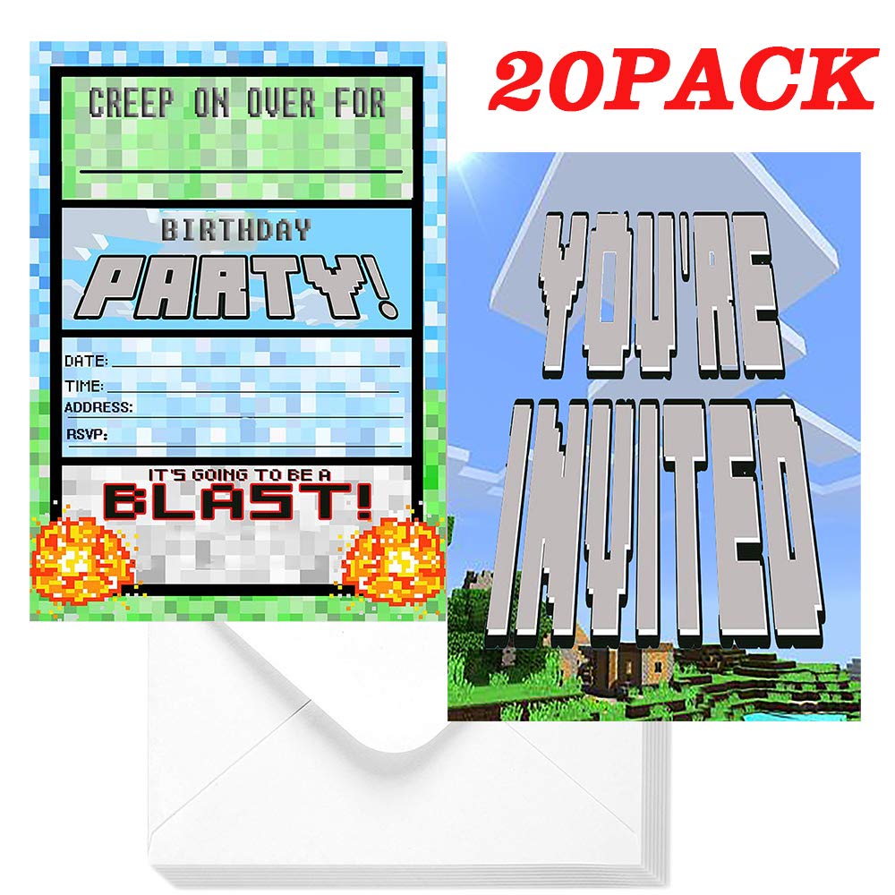 Minecraft Party Invitations 20 Pack Miner Pixel Gaming Invitations For ...